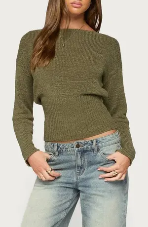 EDIKTED Tezi Boat Neck Light Knit Top - Olive