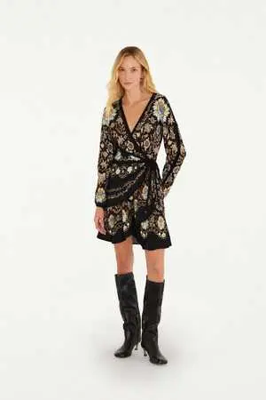 Farm Rio Daniela Long Sleeve Wrap Mini Dress - Daniela Black
