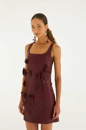 Farm Rio 3d Flowers Sleeveless Leather Mini Dress