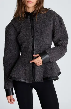 KENNETH COLE COLLECTION Faux Leather Trim Faux Fur Peplum Shirt