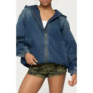 EDIKTED Hooded Vintage Wash Denim Bomber Jacket