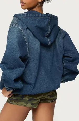 EDIKTED Hooded Vintage Wash Denim Bomber Jacket