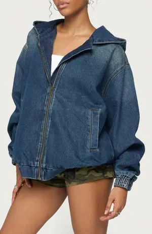 EDIKTED Hooded Vintage Wash Denim Bomber Jacket