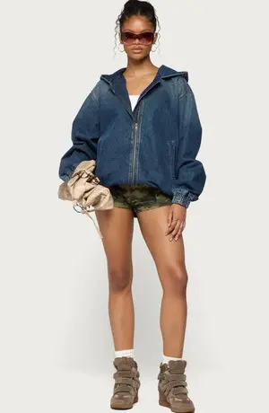 EDIKTED Hooded Vintage Wash Denim Bomber Jacket