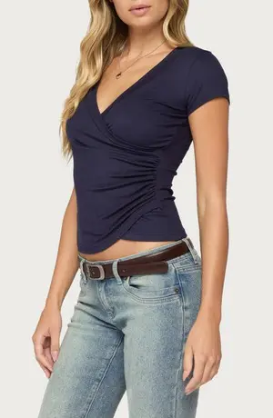 EDIKTED Iria V Neck Wrapped T Shirt - Navy