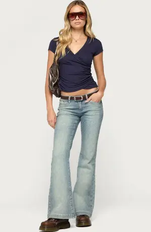 EDIKTED Iria V Neck Wrapped T Shirt - Navy