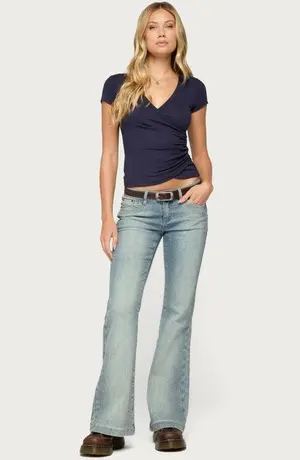 EDIKTED Iria V Neck Wrapped T Shirt - Navy
