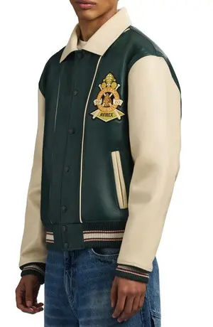 AVIREX Chief High Hawk Leather Varsity Jacket - Hunter