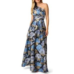 ADRIANNA PAPELL One-shoulder Floral Jacquard Gown - Navy/blue Multi