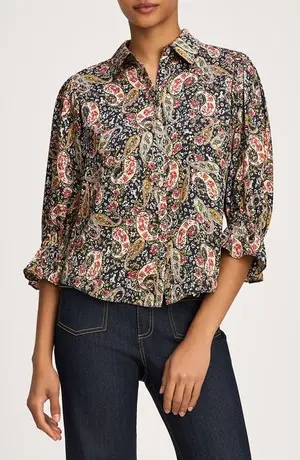 Cinq À Sept Rose Paisley Three Quarter Sleeve Shirt