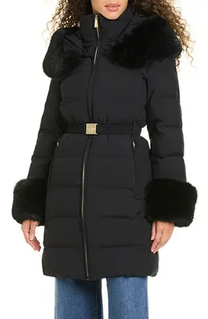 Kate Spade New York Belted Puffer Coat With Removable Faux Fur Trim - Black