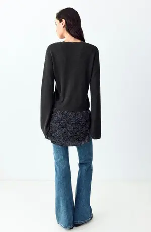 MANGO TEEN Lace Trim V-neck Sweater