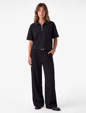 KOTON Regular Fit Modal Blend Short Sleeve Half Zip Polo T-shirt - Black