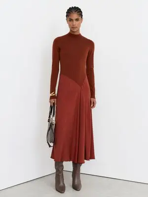 REISS Nora Petite Knitted Woven Mix High-neck Midi Dress