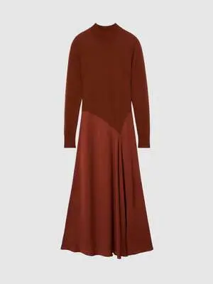 REISS Nora Petite Knitted Woven Mix High-neck Midi Dress
