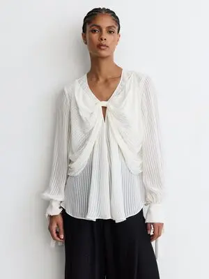REISS Cindy Jacquard-stripe Draped Bow-detail Blouse - Ivory