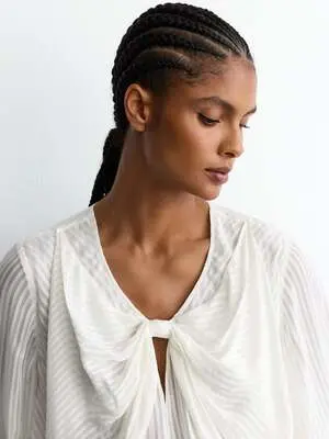REISS Cindy Jacquard-stripe Draped Bow-detail Blouse - Ivory