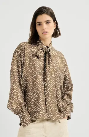 Brunello Cucinelli Silk Dapple Pongee Pussybow Blouse With Monili