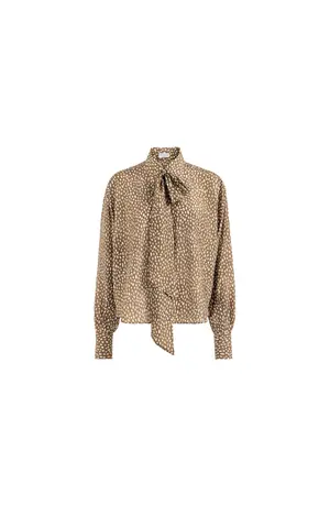 Brunello Cucinelli Silk Dapple Pongee Pussybow Blouse With Monili