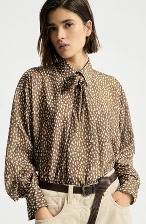 Brunello Cucinelli Silk Dapple Pongee Pussybow Blouse With Monili