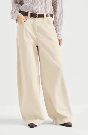 Brunello Cucinelli Garment-dyed Wide Trousers In Cotton And Linen Corduroy With Monili - Ecru