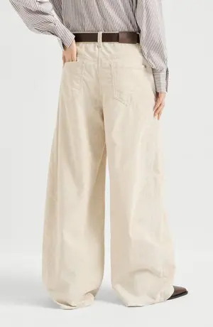 Brunello Cucinelli Garment-dyed Wide Trousers In Cotton And Linen Corduroy With Monili - Ecru