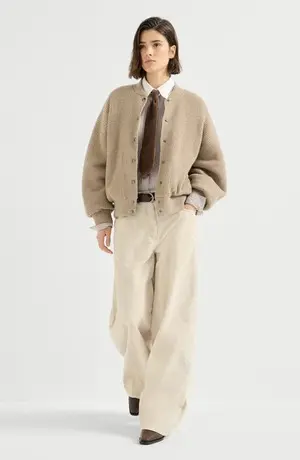 Brunello Cucinelli Garment-dyed Wide Trousers In Cotton And Linen Corduroy With Monili - Ecru
