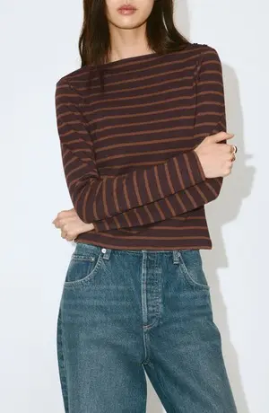 MANGO Stripe Boat Neck Long Sleeve Cotton T-shirt - Brown