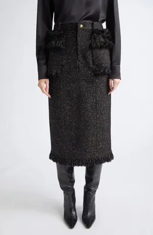 Sacai Nep Tweed Fringe Midi Skirt - Black