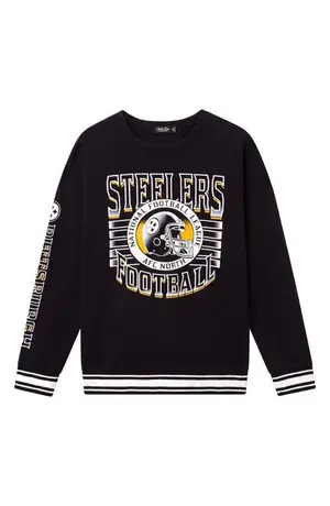 Junk Food Pittsburgh Steelers Oversize Striped Rib Fleece Crewneck Sweatshirt - True Black