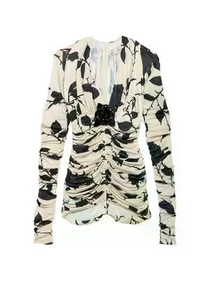 BLUMARINE Floral-print Ruched Blouse - Neutrals