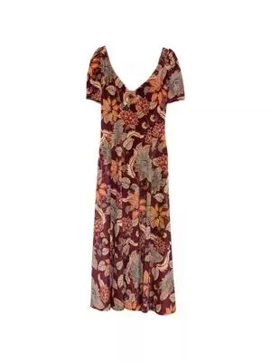 Farm Rio Delhi Floral-print Velvet Midi Dress - Red