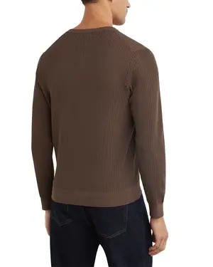 REISS Declan Ribbed Crewneck Henley Shirt - Chocolate
