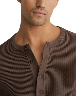 REISS Declan Ribbed Crewneck Henley Shirt - Chocolate