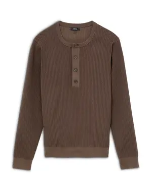 REISS Declan Ribbed Crewneck Henley Shirt - Chocolate