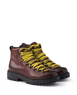 Prada Antiqued Leather Lace-up Ankle Boots - Brown