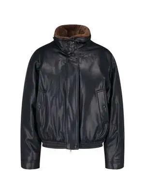 LOW CLASSIC Faux Leather Bomber Jacket With Sherpa Lining