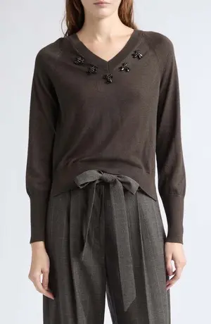 Simone Rocha Embellished V-neck Sweater - Moss/jet