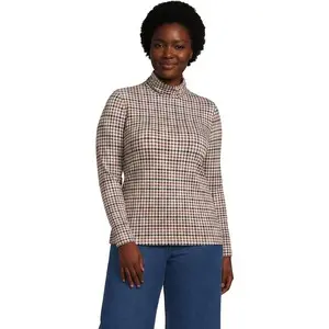 LANDS' END Lightweight Jersey Long Sleeve Turtleneck Honey Beige/raspberry Check