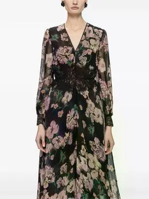 NISSA Lace Insert Chiffon Midi Dress - Black