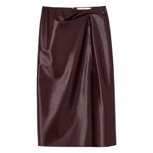 BELSIZE25 Sculpted Draped Faux Leather Skirt In Burgundy - Red