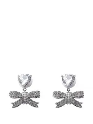 SELF-PORTRAIT Crystal Heart Bow Drop Earrings - Silver