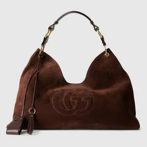 Gucci Large Shoulder Bag With Double G Detail Suede - Brown