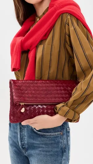 Clare V. Medium Woven Diagonal Foldover Clutch - Garnet
