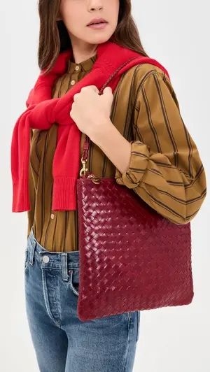 Clare V. Medium Woven Diagonal Foldover Clutch - Garnet