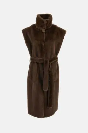 STAND STUDIO Gilet Lungo Oaklynn In Eco-pelliccia Con Cintura - Brown