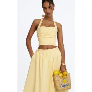 MISS CIRCLE NEW YORK Wilsie Cotton Poplin Ruched Halter Top - Yellow