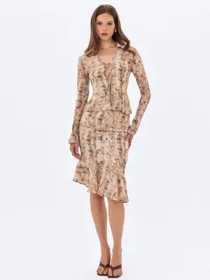 MISS CIRCLE NEW YORK Umarah Reptile Print Asymmetrical Ruffled Skirt - Beige
