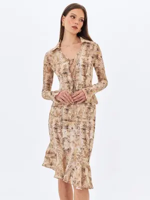 MISS CIRCLE NEW YORK Umarah Reptile Print Asymmetrical Ruffled Skirt - Beige
