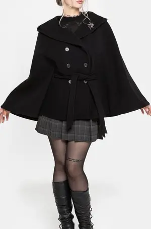 DISTURBIA Althea Hooded Spider Pin Detail Cape - Black